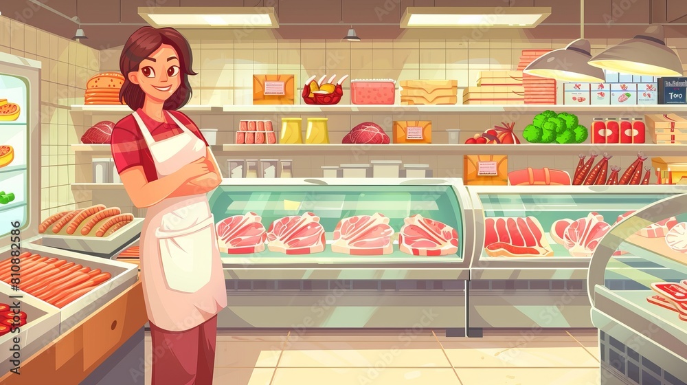 The interior of a meat store, butcher department in a supermarket with ...