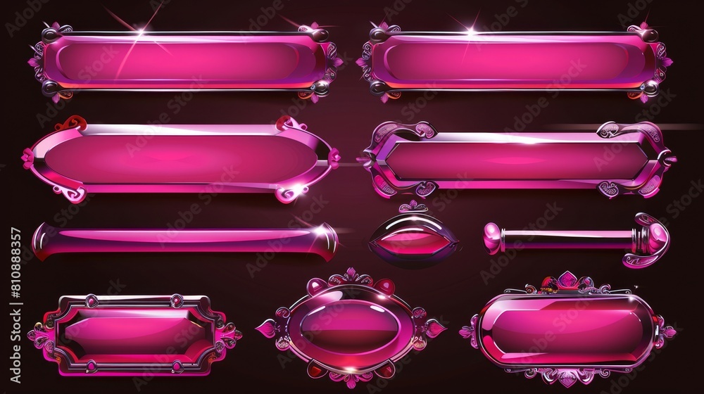 UI frames for games, pink medieval menu glossy borders, gui elements, buttons or banners with ...