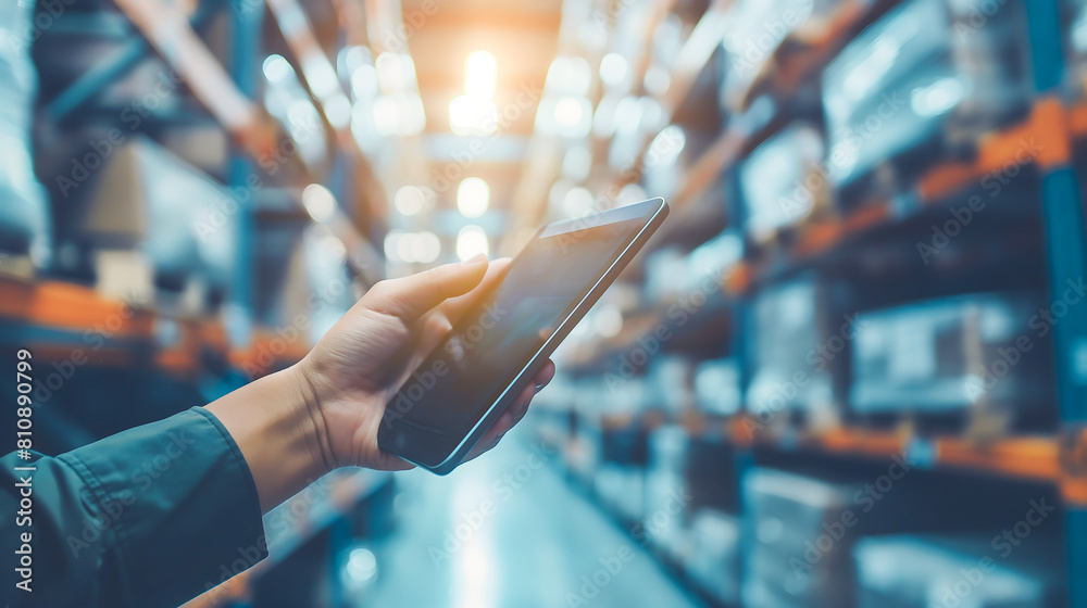 Hand holding tablet for check order pick time in smart factory ...