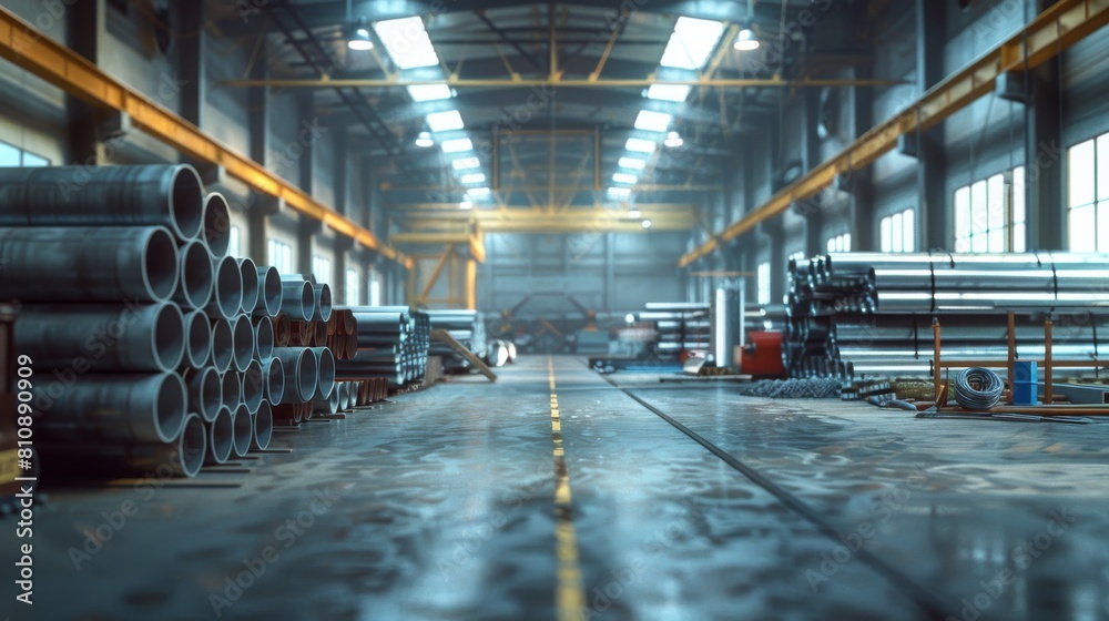 Industrial Warehouse with Steel Beams and Stacks of Metal Pipes of ...