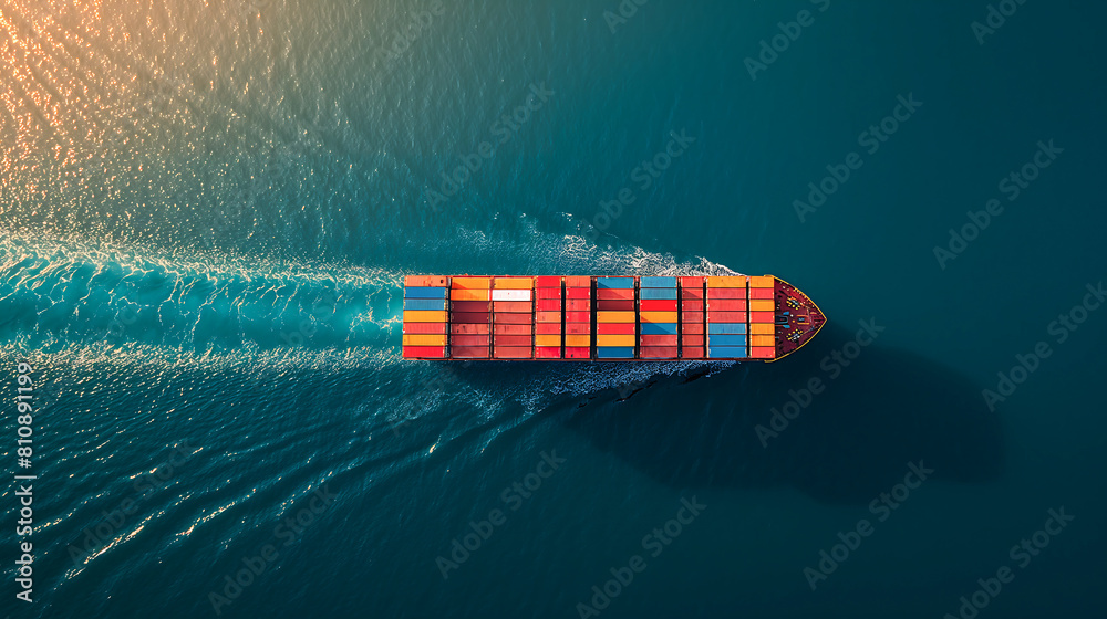 Aerial top view of container ship loading and unloading, Cargo ...