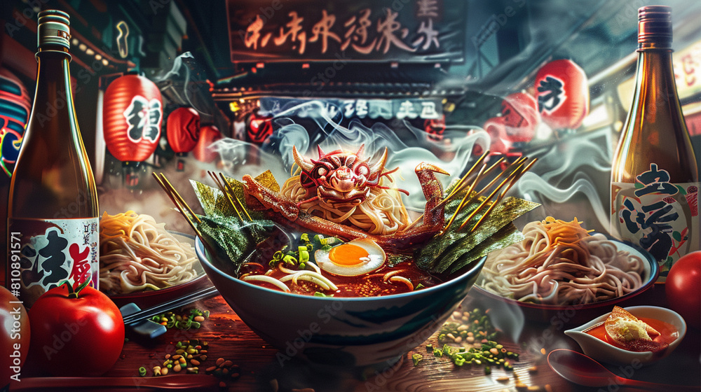 realistic photography of spicy ramen menu black bowl red chopsticks ...