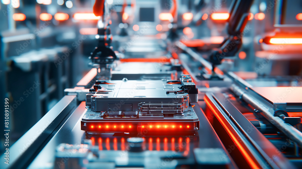 Automated production line robot arms transporting automotive battery ...