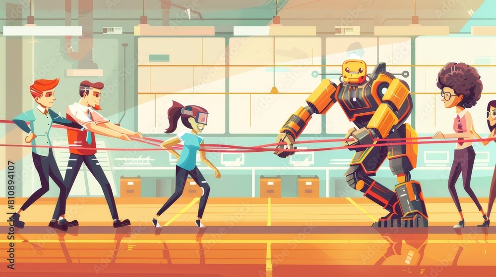 Human vs cyborg competition, robotization, line art cartoon modern ...