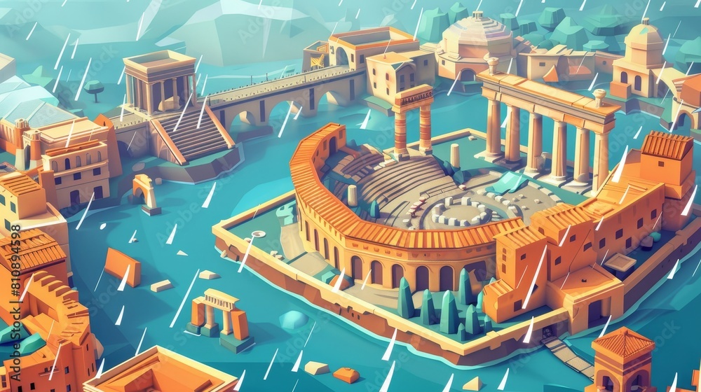 Isometric architecture of old italian town with amphitheater, taberna ...