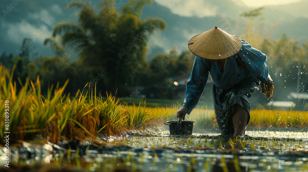 A photo of a Japanese farmer working in rice fields during the rainy ...