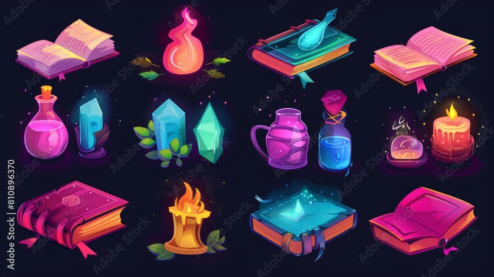 Magic spell books, alchemy grimoires, closed wizard diaries. Witchcraft fairy tale game ancient ...