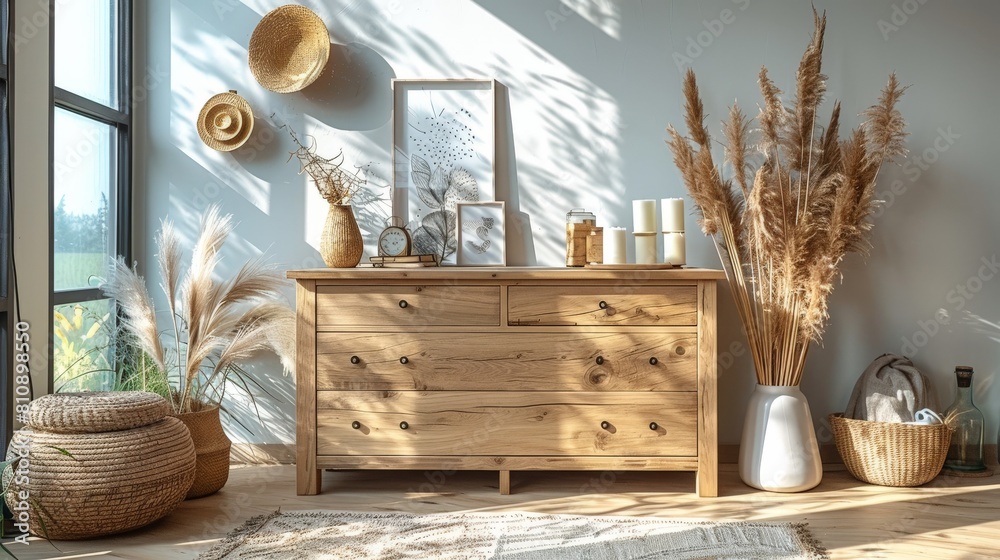The photo shows a modern wooden chest of drawers standing in a stylish ...