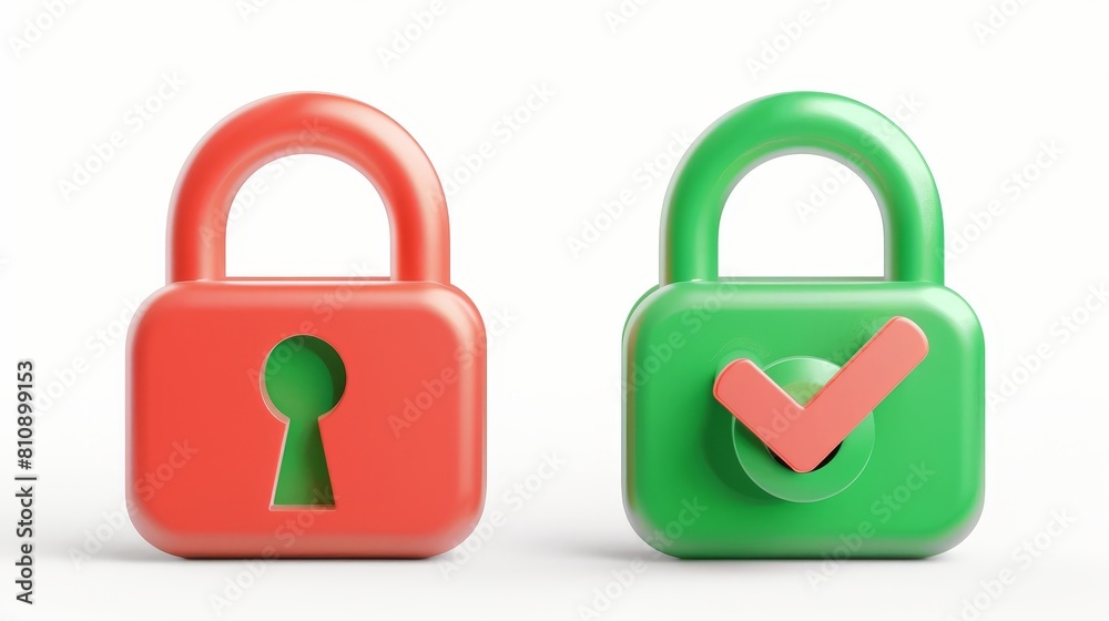 An open and closed lock with checkmark and cross sign, 3D render ...