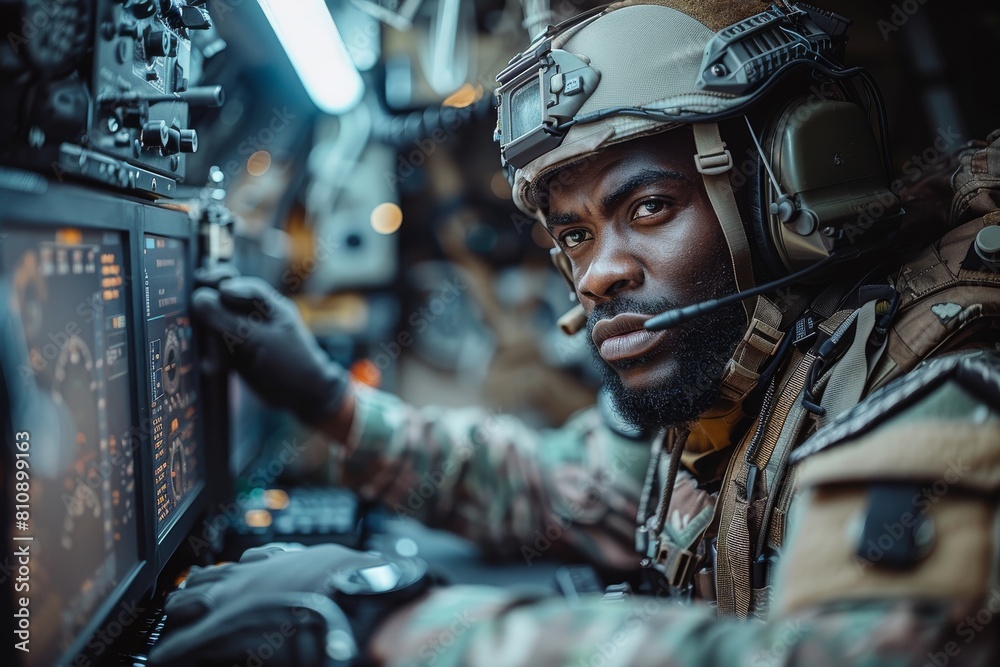 Inside the cockpit, a soldier in gear operates advanced aviation ...