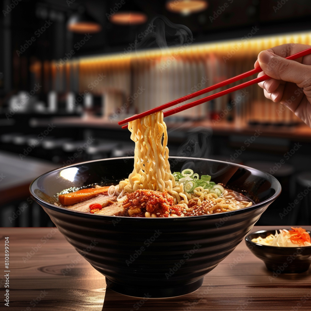 realistic photography of spicy ramen menu black bowl red chopsticks ...