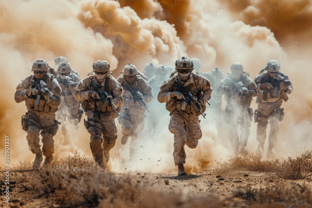 Active scene portraying a squad of soldiers in combat uniforms moving ...