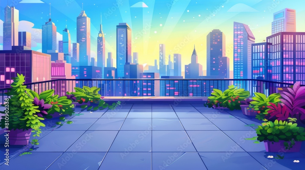 The rooftop terrace of a city skyscraper is surrounded by a city street ...