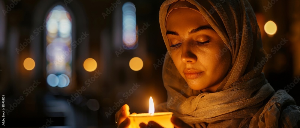 Devotee lighting a candle in church, praying, and expressing her ...