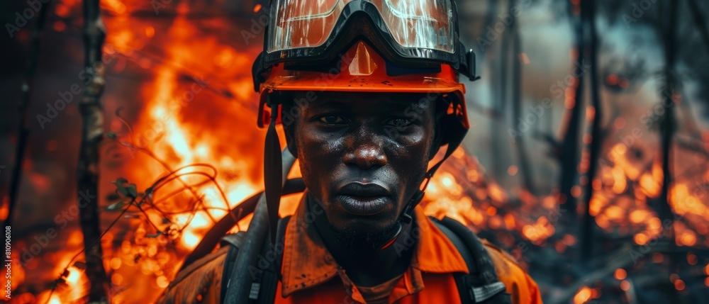 The young black professional firefighter keeps calm in a dangerous ...