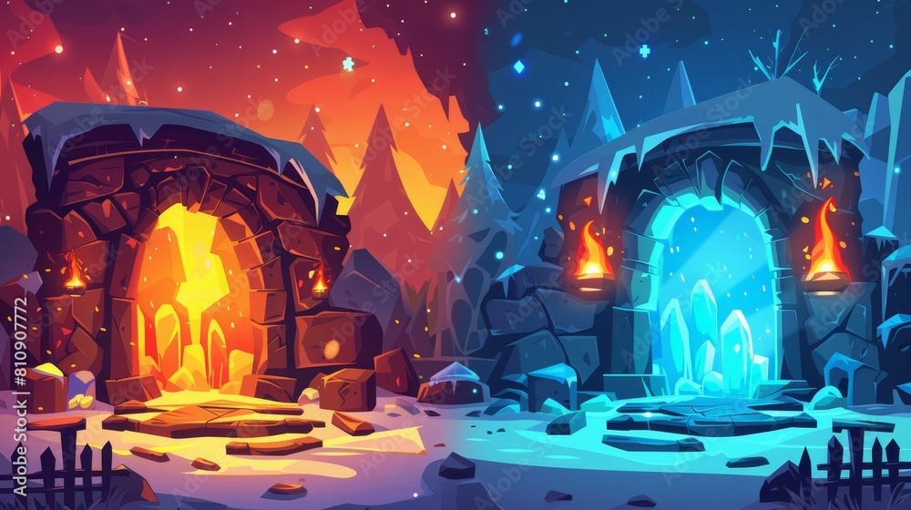 Cartoon illustration set of magic portal gates for adventure games ...