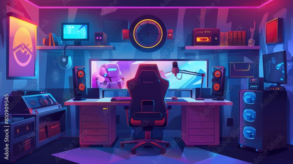Teen streamer room interior with desk, PC and microphone on neon ...