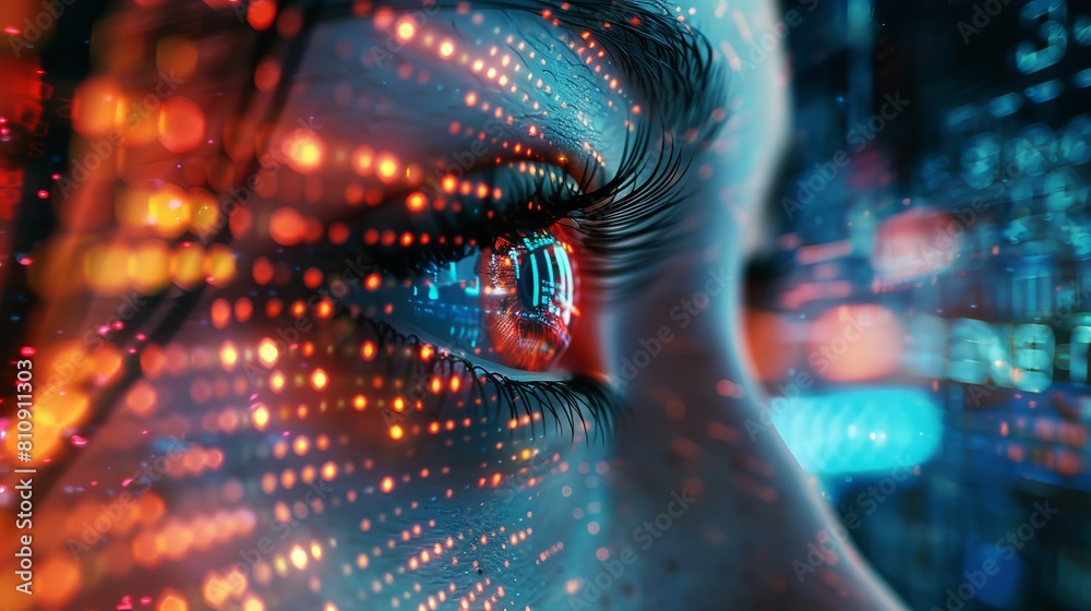 Human eye with glowing binary code, and digital numbers, as a ...