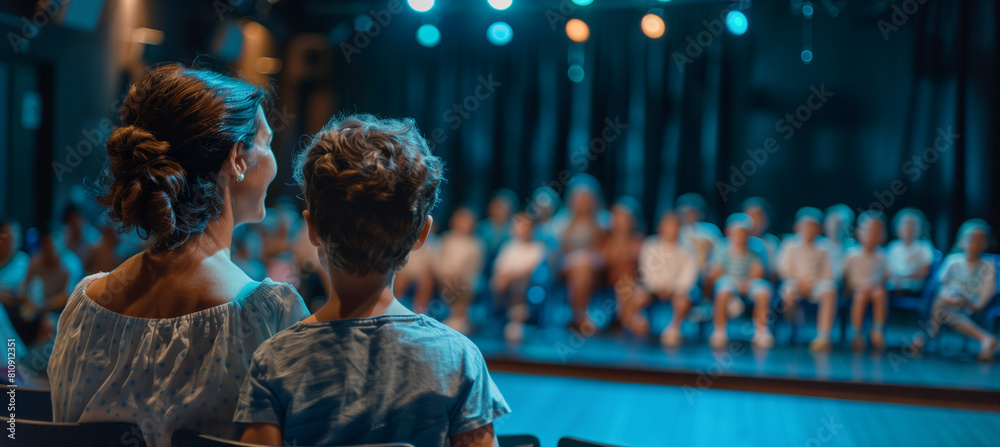 of a mother and father attending a school play, watching their child ...