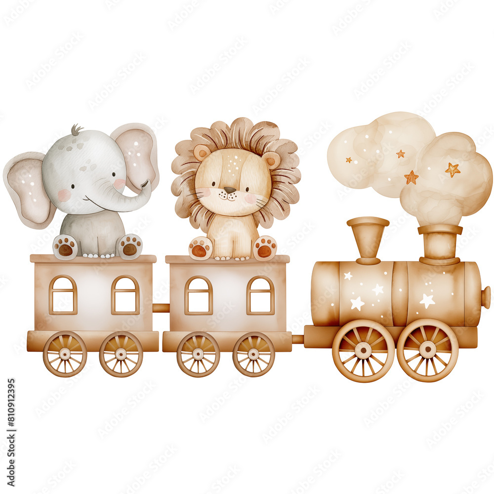 Magic little train with baby elephant and lion, watercolor nursery ...