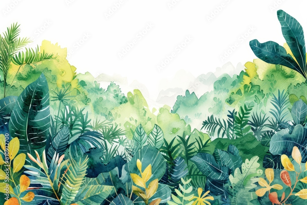 Minimal watercolor depicting a dense rainforest, highlighting the lush ...