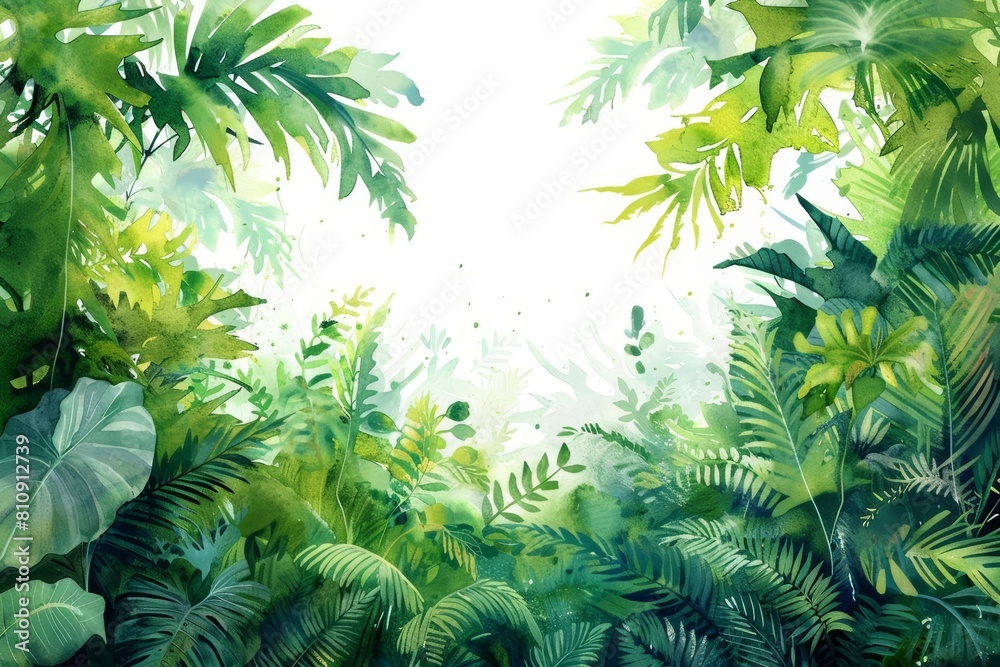 Minimal watercolor depicting a dense rainforest, highlighting the lush ...