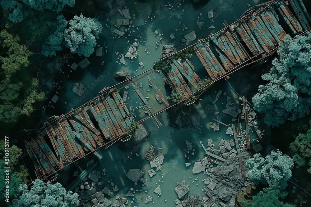 DnD Battlemap collapsed, bridge, broken, river, forest, tags Stock ...