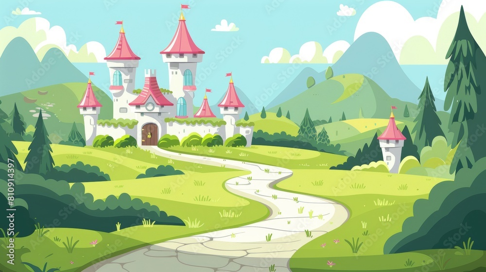 Fantasy game illustration of the path to princess palace. Path to magic ...