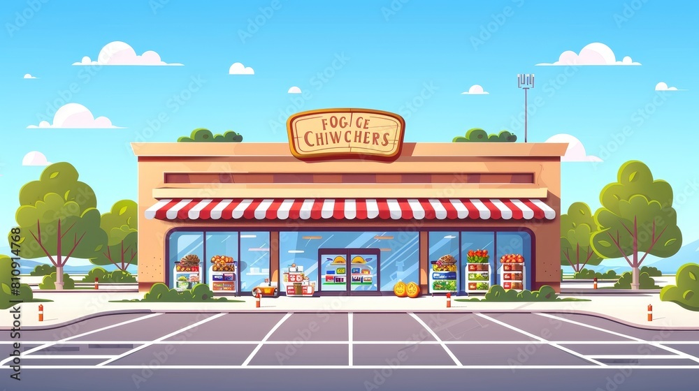 Set of parking grocery store building exterior moderns. Grocery retail ...