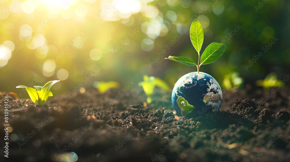 Green earth globe on soil with sunlight and green leaf banner design ...