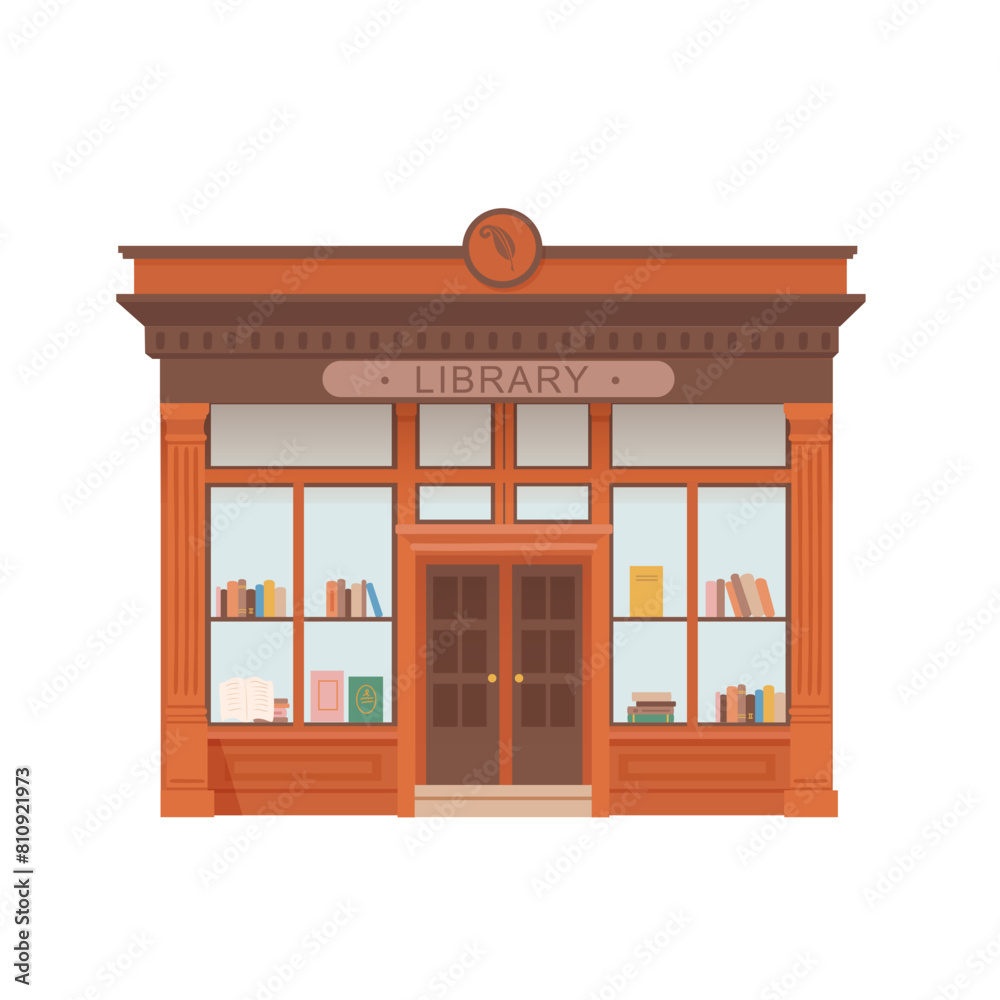 Library building cartoon vector illustration. Modern bookstore facade ...