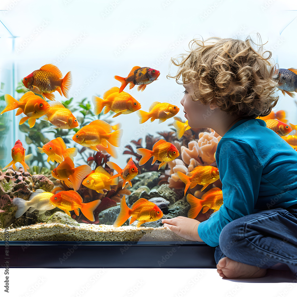 Kid marveling at colorful fish in an aquarium tank isolated on white ...