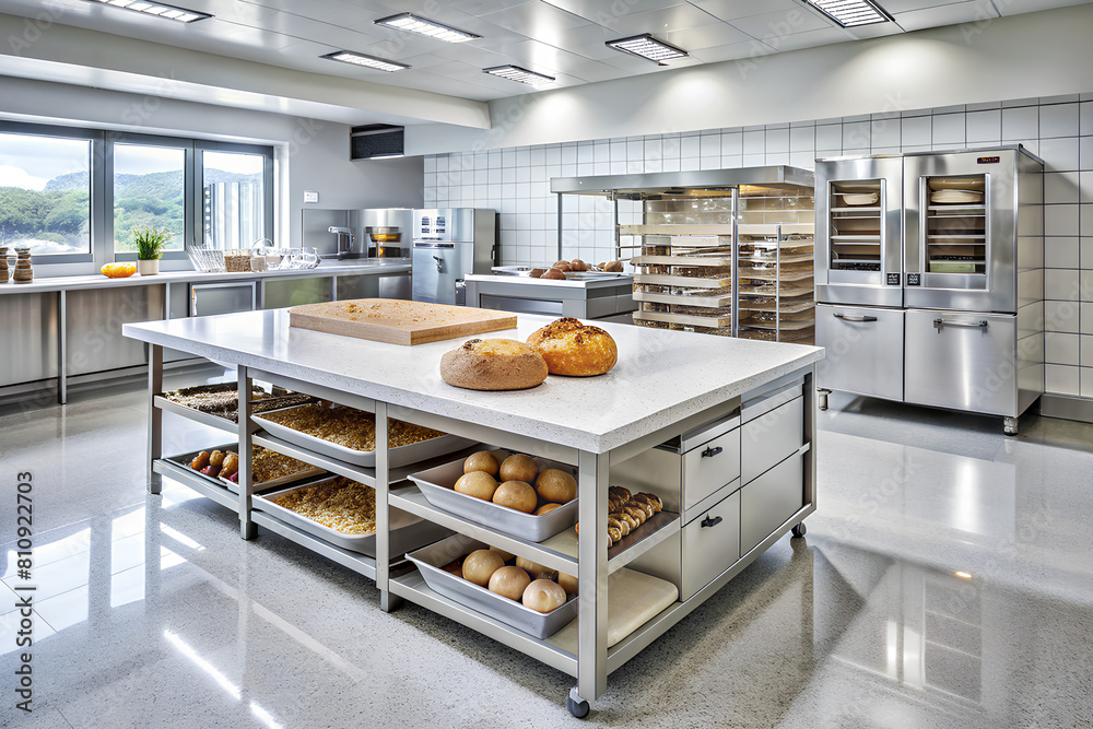 Empty clean white terrazzo top island table counter in commercial ...