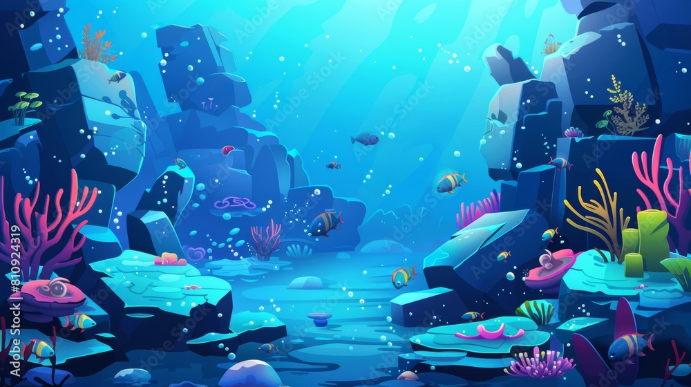 Fish on ocean underwater boulder background. Reef life under water with ...