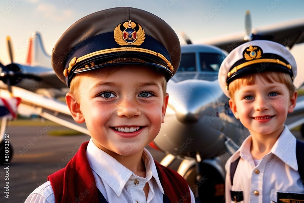 Happy children in airplane flight crew pilot captain uniform, dreams ...
