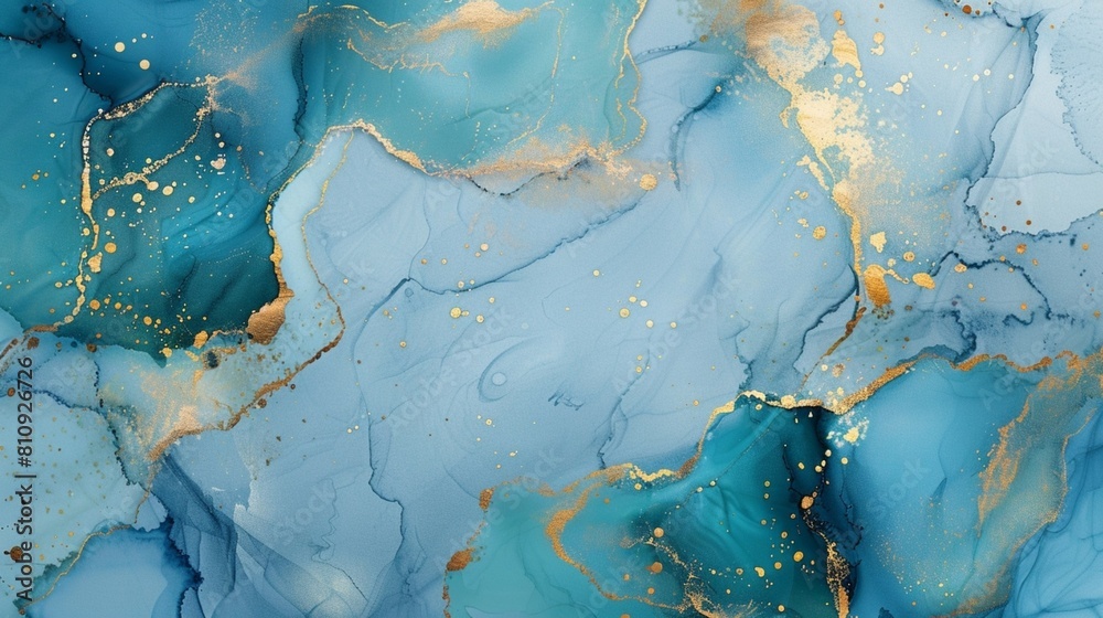 Abstract blue and gold paint splash background with golden stains. Cyan ...