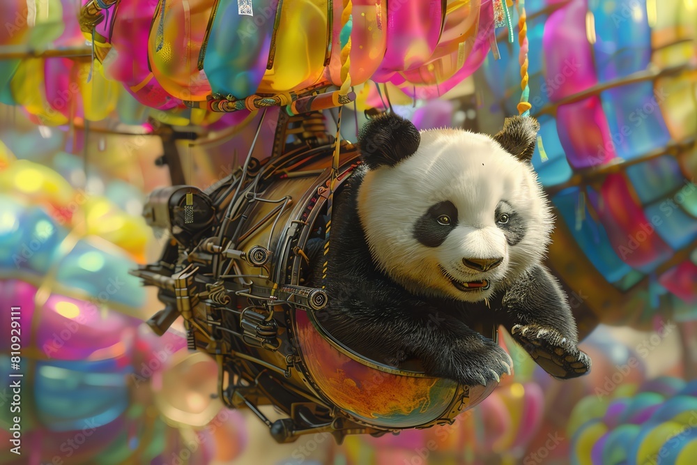 Bring to life a futuristic scene where a panda in a birds-eye view is ...