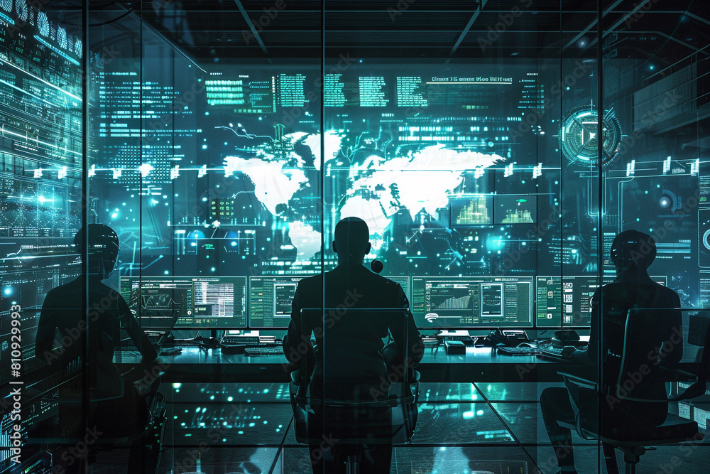 A Network Security Team In A High Tech Control Room Monitoring Screens For Potential Cyber