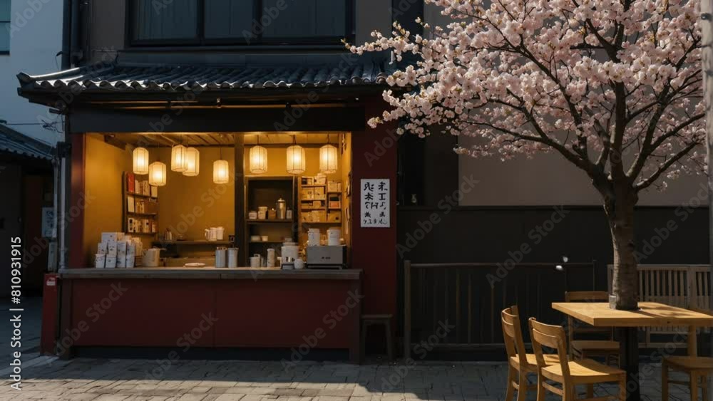 Traditional Japanese ramen restaurant under cherry blossom tree. Cozy ...