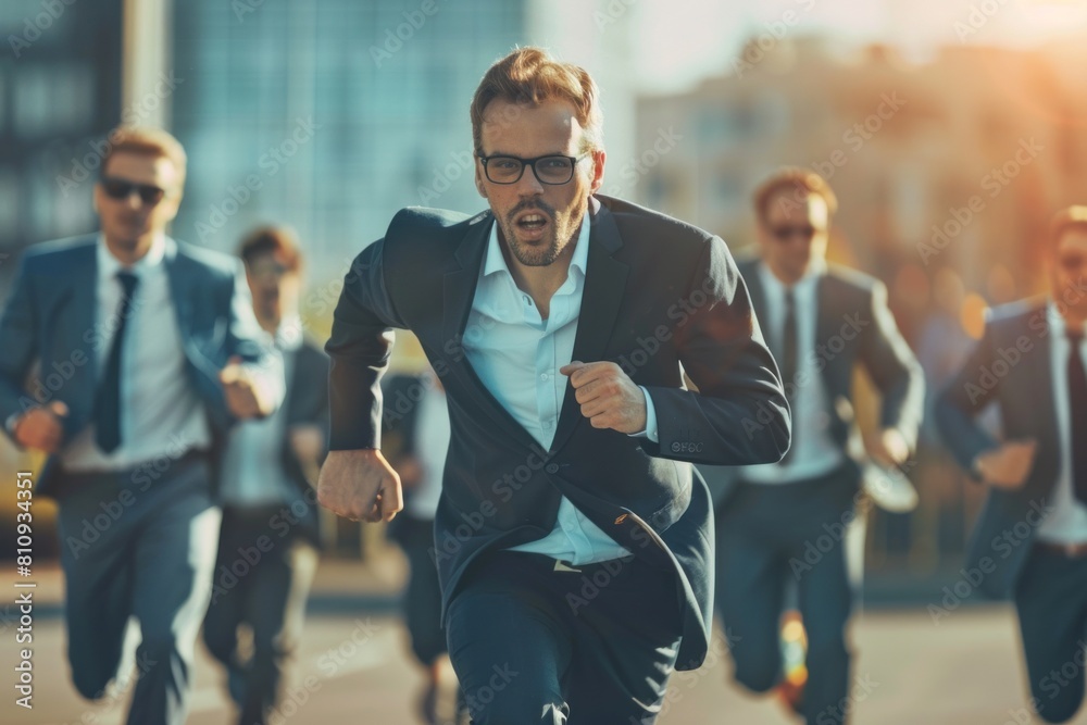 Dynamic businessman in a suit leads the way on a city street ...