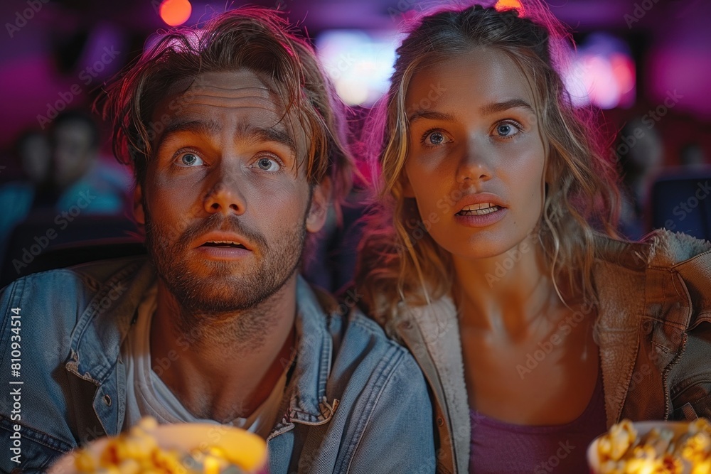 Captivated young couple fully engrossed in an exhilarating movie ...