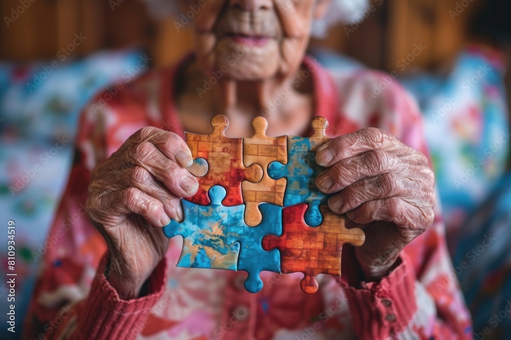 Carefully captured image of elderly woman holding a jigsaw puzzle ...