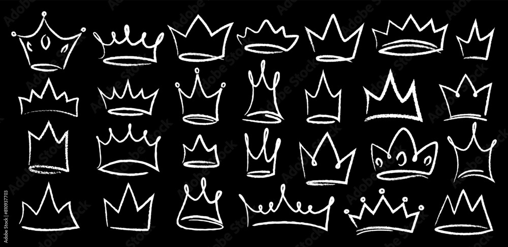 Hand drawn doodle set of grunge crayon, charcoal, chalk crown isolated ...