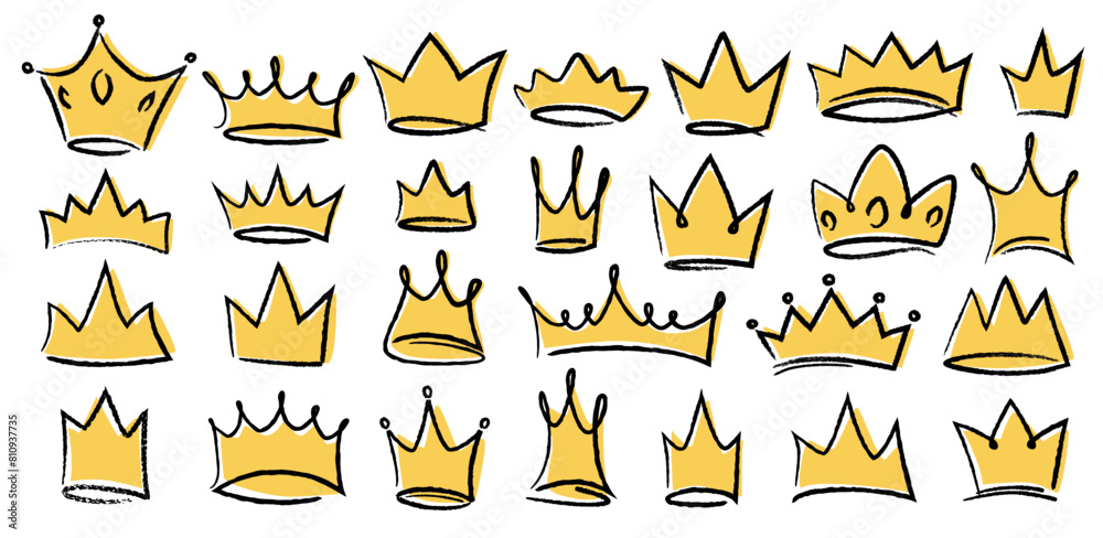 Hand drawn doodle set of grunge crayon, charcoal, chalk crown isolated ...