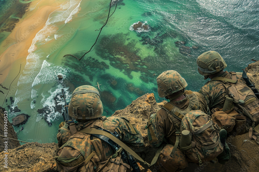 a scene from an aerial perspective, where an elite marine unit conducts ...