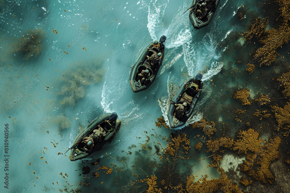 Poster a scene from an aerial perspective, where an elite marine unit ...