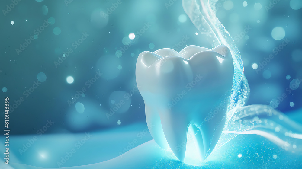 Teeth model with shining swirl blue background copy space. Healthy gums ...