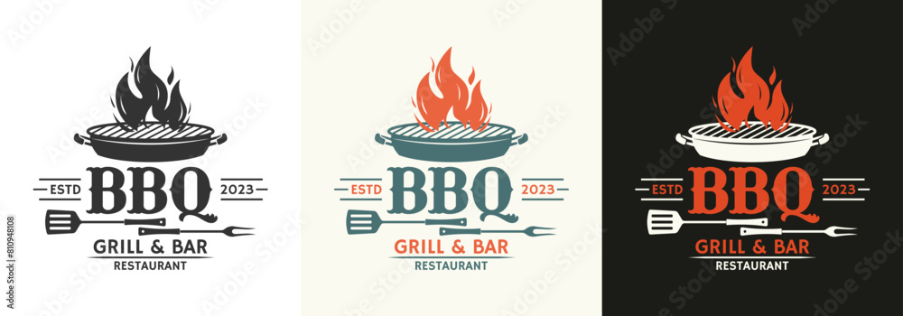 BBQ logo or icon. Grill, barbecue design with fire flame, fork and ...