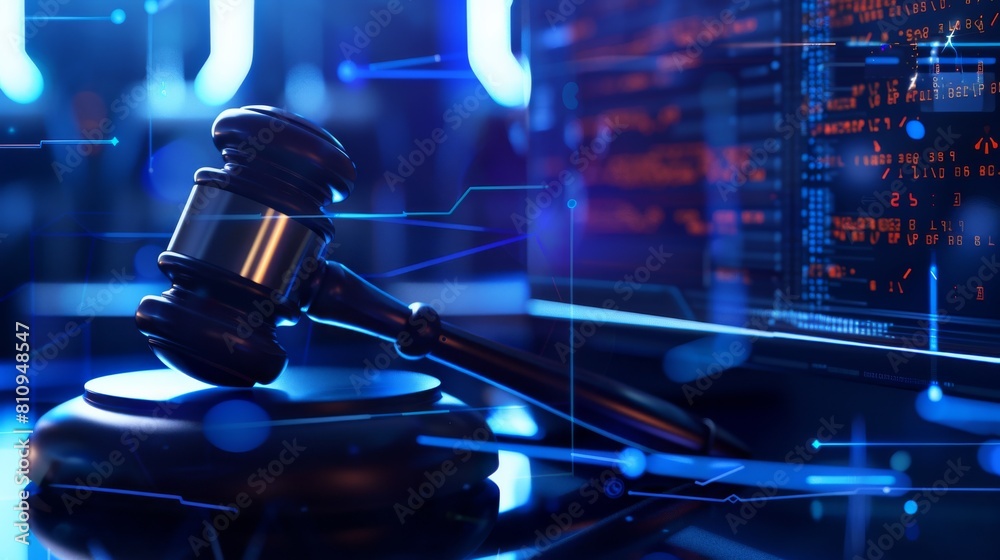 A courtroom gavel in a modern digital jurisdiction concept, AI and ...