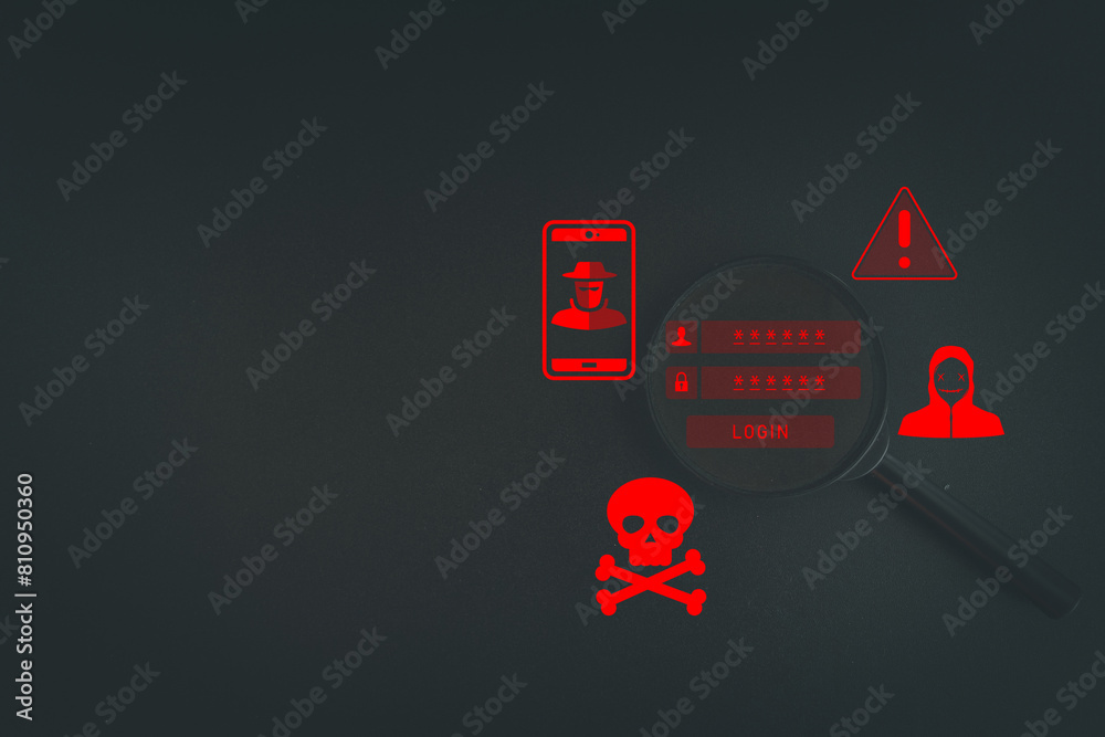 Magnifying glass focues on user login icon among hacker,warning sign ...